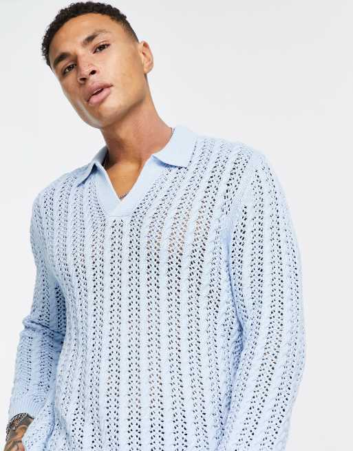 Asos Design Pull En Maille Pointelle Avec Col Polo à Encoche Bleu