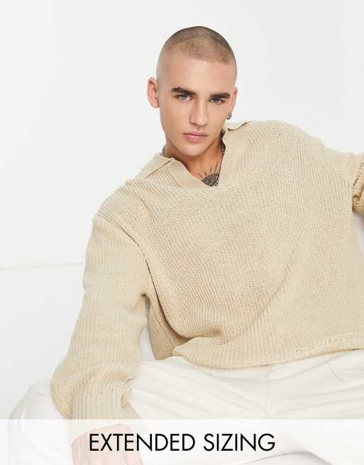 ASOS DESIGN - Pull oversize en maille avec col cranté côtelé style pêcheur - Avoine torsadé | ASOS