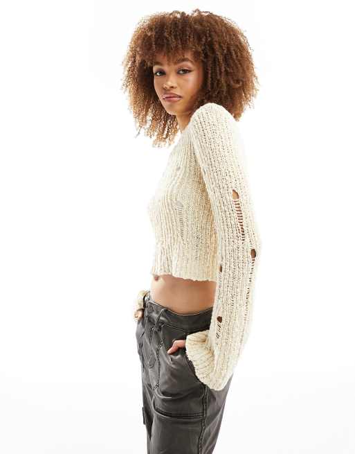 Asos Design Pull Ras De Cou En Maille Texturée Ajourée Crème Asos