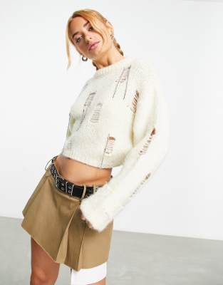 ASOS DESIGN – Pullover in Creme mit Laufmaschendesign und verziertem ...