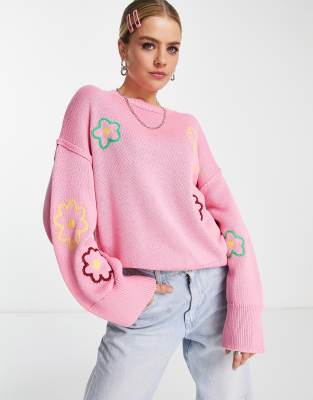 ASOS DESIGN – Pullover in Rosa mit Blumenstickerei | ASOS