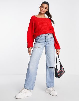 ASOS DESIGN – Pullover in Rot mit voluminösen Ärmeln und Strickstruktur ...