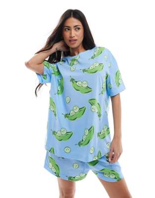 ASOS DESIGN - Pyjama avec t-shirt oversize et short à motif petits pois et cosses - Bleu | ASOS