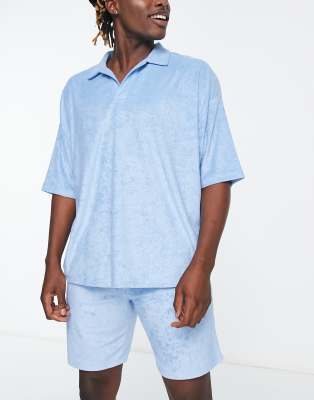 ASOS DESIGN pyjama set with shirt and lounge short in blue towelling | ASOS