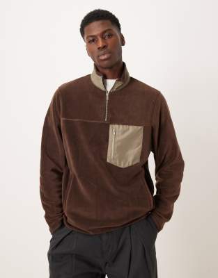 ASOS DESIGN quarter zip fleece with pocket in brown | ASOS