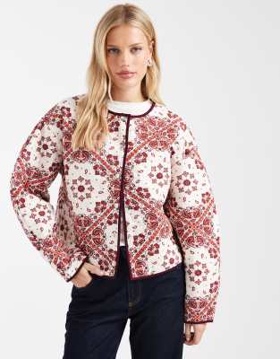 ASOS DESIGN quilted jacket with bandana print in cream and red | ASOS