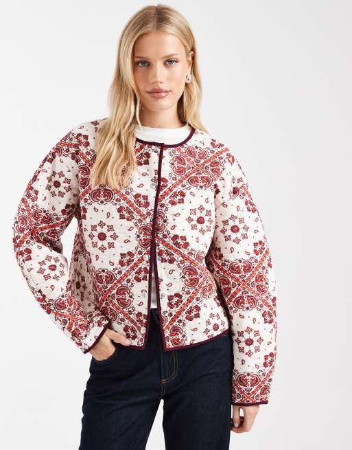 ASOS DESIGN quilted jacket with bandana print in cream and red | ASOS