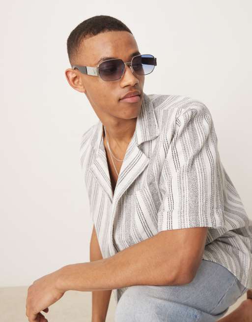 ASOS DESIGN rectangle sunglasses with blue lenses and silver and black ...