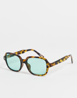 Asos Design Frame Square Sunglasses In Tort With Green Lens - Brown ...