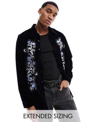 ASOS DESIGN regular fit velvet shirt with embroidery in navy | ASOS