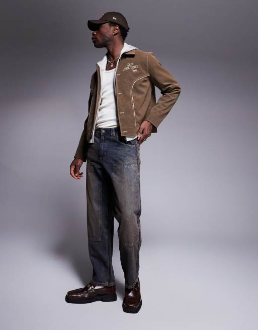 ASOS DESIGN regular harrington faux suede embroidered jacket in brown ...