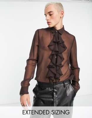 ASOS DESIGN regular sheer shirt with ruffle front detail in brown | ASOS