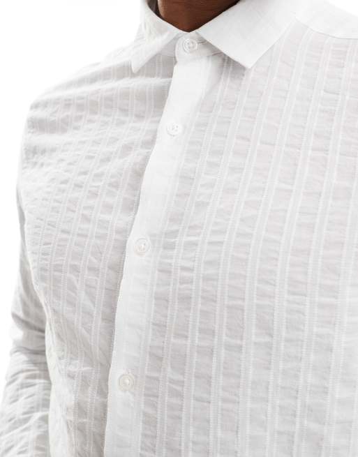 ASOS DESIGN regular smart shirt in textured stripe in white | ASOS