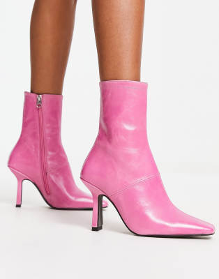 ASOS DESIGN Reign premium leather mid-heeled boots in pink | ASOS