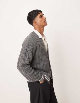 ASOS DESIGN relaxed boxy fit cable knitted cardigan in grey with ecru ...