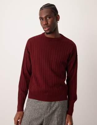 ASOS DESIGN relaxed boxy fit knit crew neck ribbed sweater in burgundy ...