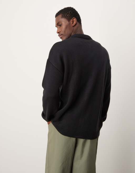 ASOS DESIGN relaxed boxy fit knitted cardigan with collar in black | ASOS