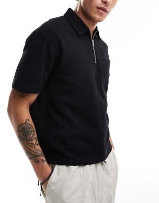 ASOS DESIGN relaxed boxy zip polo in black | ASOS