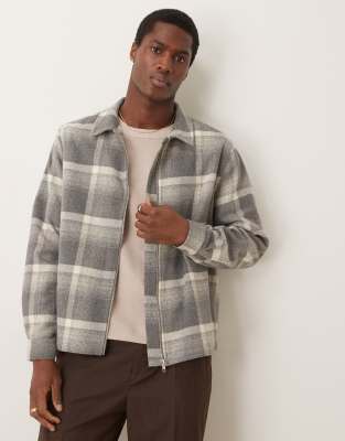 ASOS DESIGN relaxed boxy zip through shacket in grey brushed check | ASOS