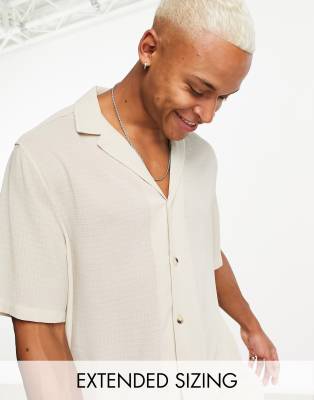 ASOS DESIGN relaxed deep revere shirt in lightweight texture in stone ...