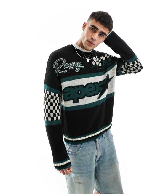 ASOS DESIGN relaxed fluffy knitted jumper in black racing pattern | ASOS
