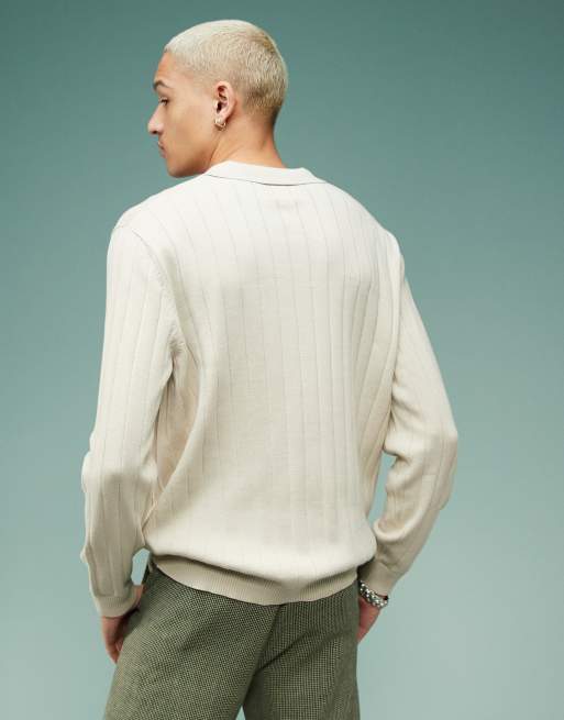 ASOS DESIGN relaxed knit wide ribbed notch neck sweater in oatmeal | ASOS