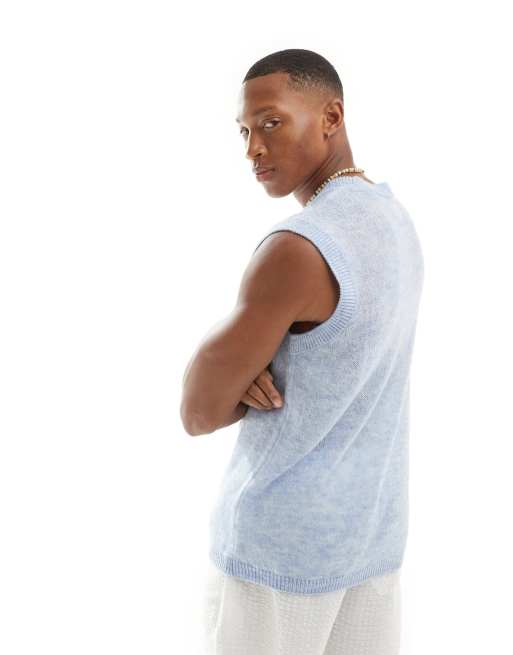 ASOS DESIGN relaxed knitted singlet in open knit texture in blue | ASOS