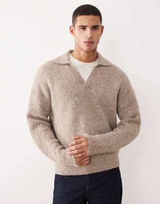 ASOS DESIGN relaxed knitted wool mix notch neck polo jumper in beige | ASOS