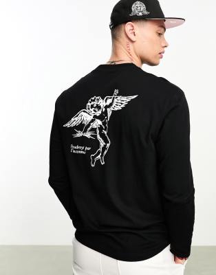 ASOS DESIGN relaxed long sleeve t-shirt in black with back cherub print ...