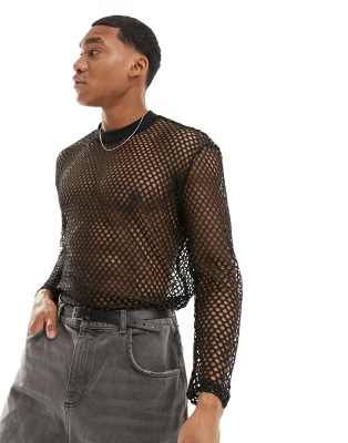 ASOS DESIGN relaxed long sleeve t-shirt in open mesh in black | ASOS