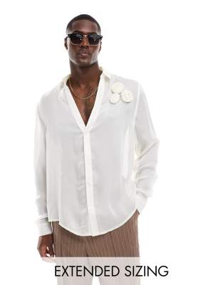 ASOS DESIGN relaxed low collared shirt with applique flowers in cream ...