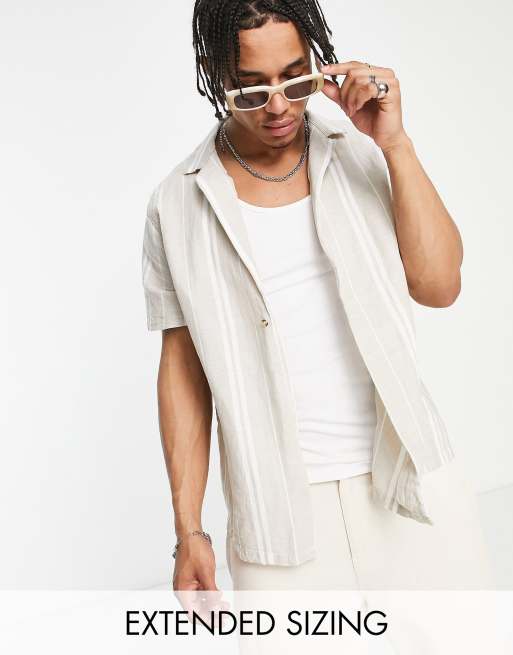 ASOS DESIGN relaxed revere one button shirt in beige linen stripe | ASOS