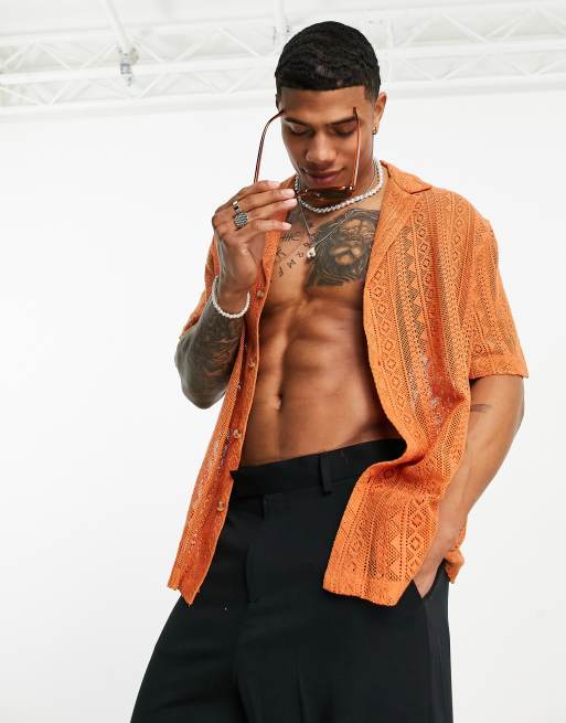 Asos Design Relaxed Revere Shirt In Orange Lace Asos