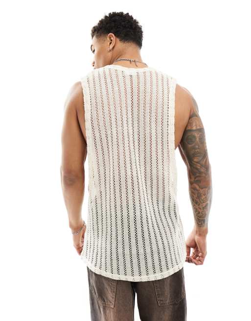 ASOS DESIGN relaxed scoop neck singlet in open texture in beige | ASOS