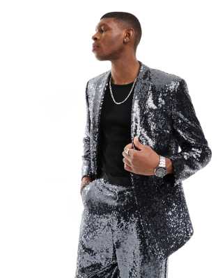 ASOS DESIGN relaxed sequin suit jacket in silver | ASOS