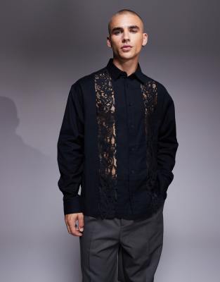 ASOS DESIGN relaxed shirt with lace insert in black | ASOS