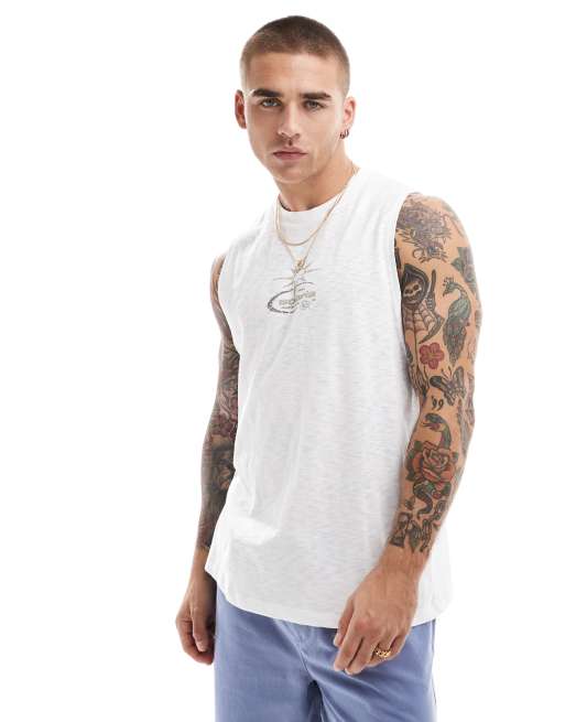 ASOS DESIGN relaxed singlet in white texture with text print | ASOS