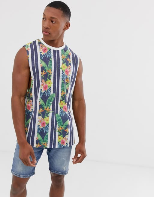 Asos Design Relaxed Sleeveless T Shirt With Floral Print And Vertical