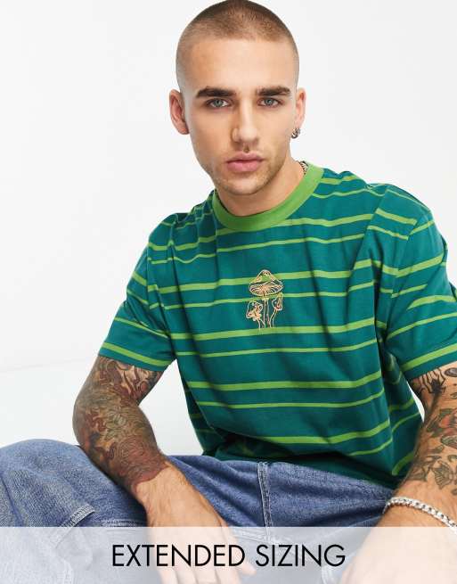 Asos Design Relaxed Stripe T Shirt In Green With Cartoon Chest Print Asos