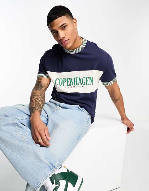Asos Design Relaxed T Shirt In Navy And White Colour Block With City