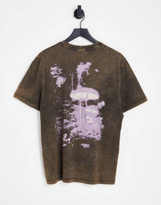 Asos Design Relaxed T Shirt In Washed Brown With Mushroom Back Print Asos