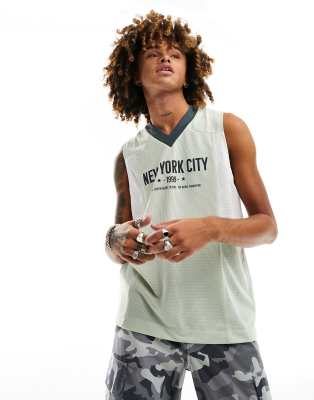 ASOS DESIGN relaxed tank top in green sporty mesh with print | ASOS