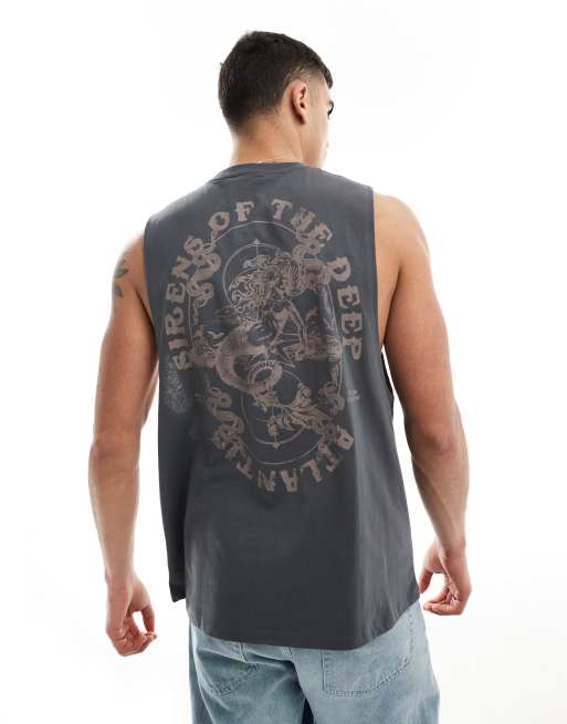 ASOS DESIGN relaxed vest in dark grey with Atlantis back print | ASOS