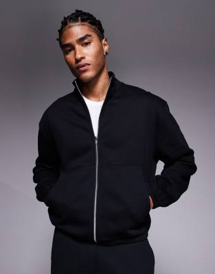 ASOS DESIGN relaxed zip-through jersey track jacket in black | ASOS