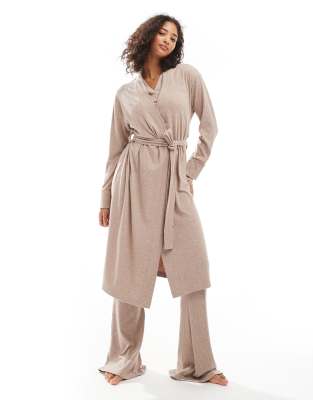 ASOS DESIGN rib and velvet trim robe in light brown | ASOS