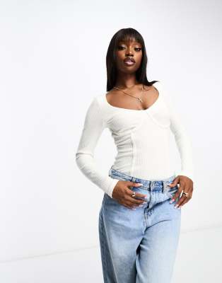 ASOS DESIGN rib bodysuit with bust seams and long sleeve in white | ASOS