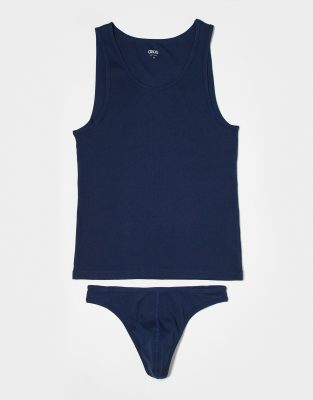 ASOS DESIGN rib thong and tank top set in navy | ASOS