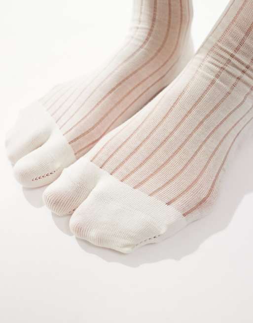 ASOS DESIGN ribbed split toe calf socks in cream | ASOS