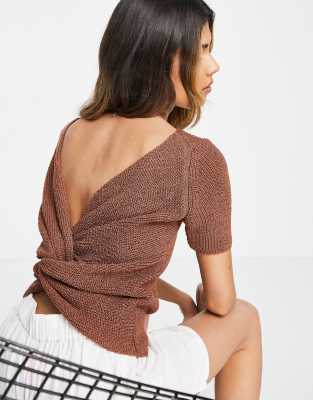 ASOS DESIGN ribbed top with twist back detail in brown | ASOS
