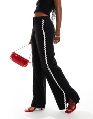 ASOS DESIGN rickrack trim straight leg tailored pants in mono | ASOS